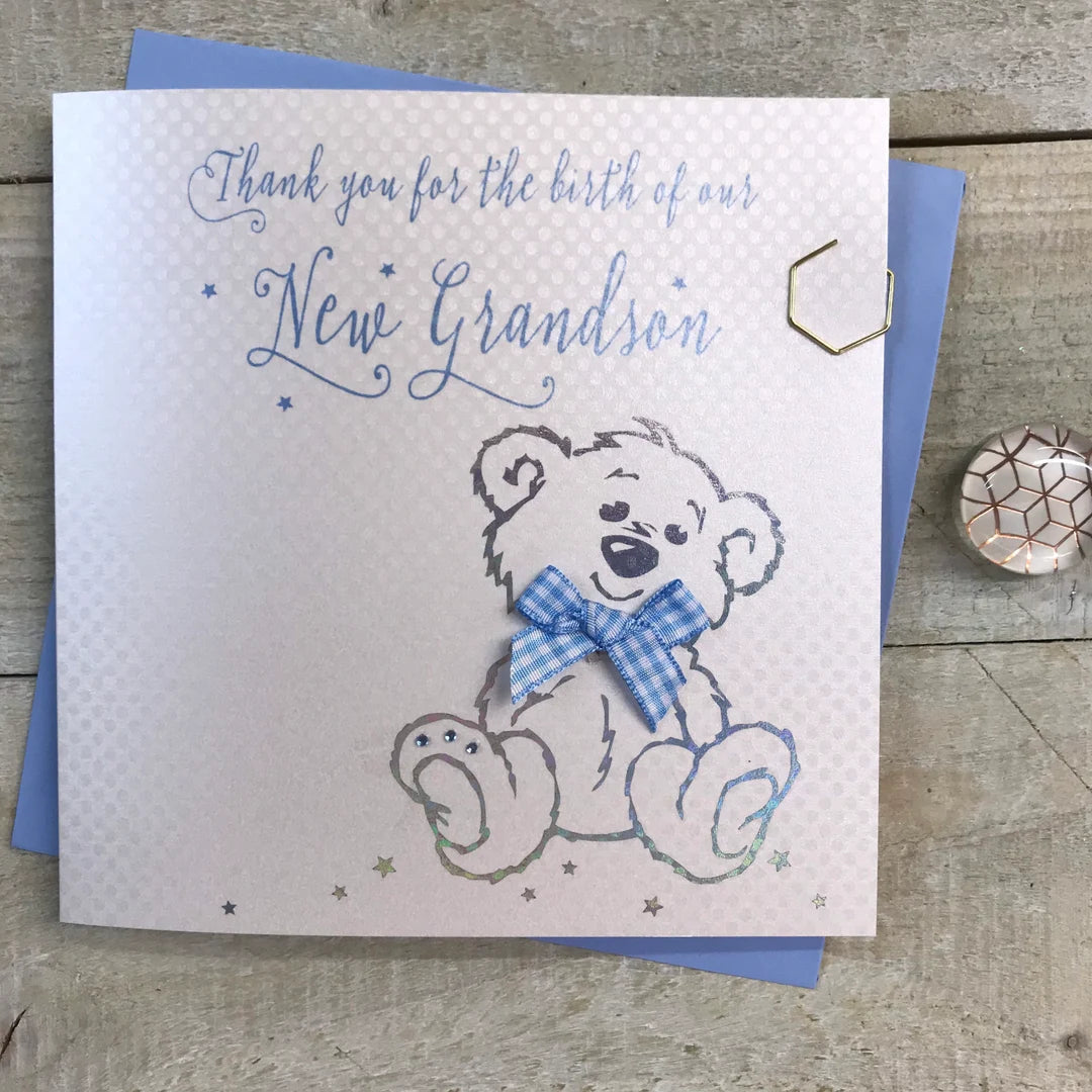 White Cotton Thank You for Our New Grandson Card – Scarlet Ribbons